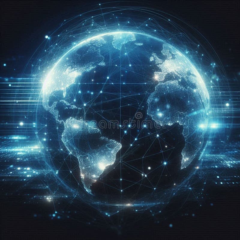 Abstract Global Network Concept with Blue Glowing World Map Cyber ...
