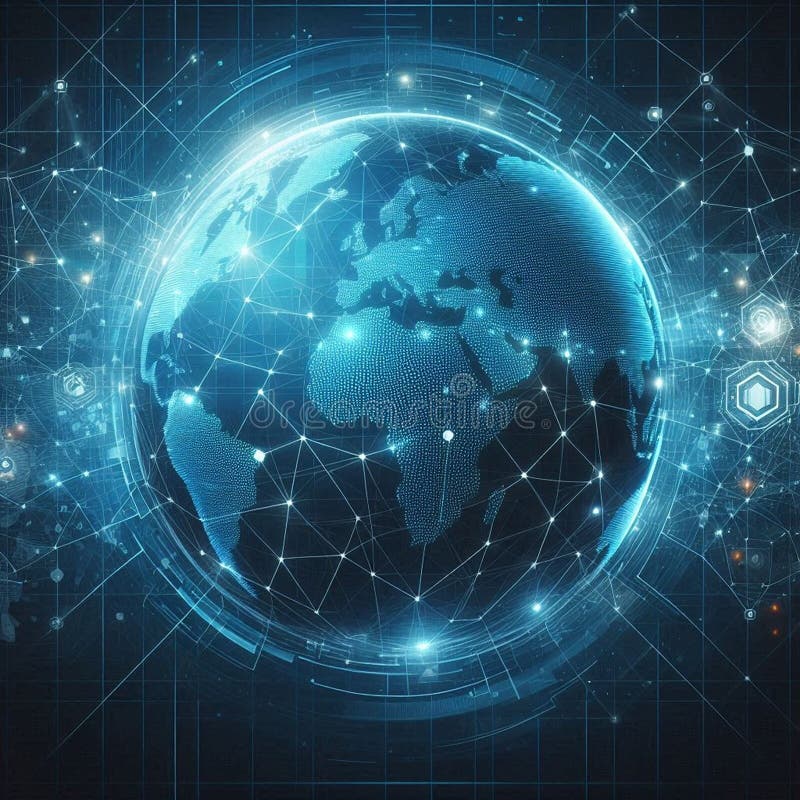 Abstract Global Network Concept with Blue Glowing World Map Cyber ...