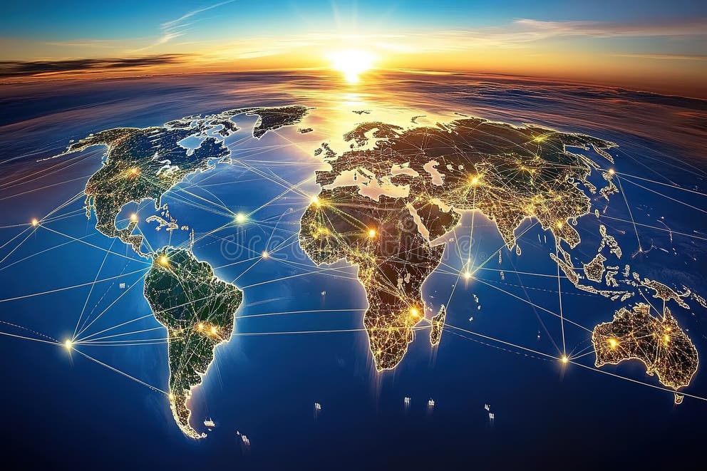 Global Network: Interconnected World Map, Nodes Symbolize Global Communication, Technology, and ...