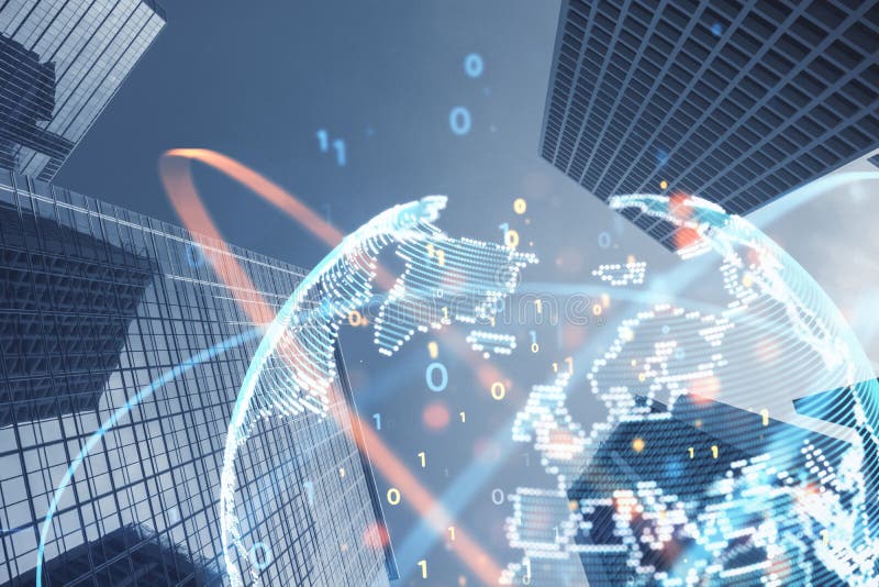 Abstract Globe Sphere with Coding and Polygonal Network on Blurry City ...