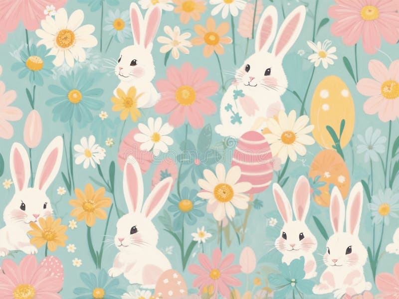 Abstract Glow Cartoon Pastel Draw Pattern Cute Bunny Easter Candy Daisy ...
