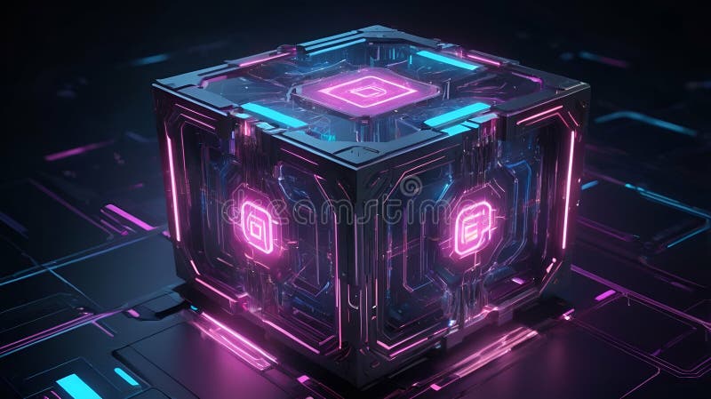 Abstract Glow Energy Box. Smart Code. Big Data. Digital Chip. 3D Cubes ...
