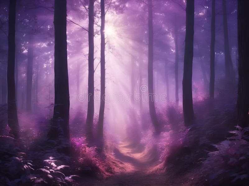 Abstract Glow Magic Violet Color Foggy Forest with Ray of Light ...