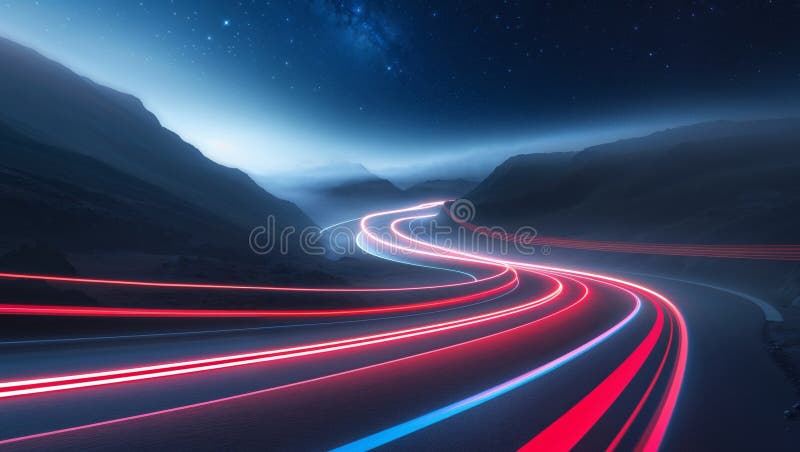 Abstract Glow Red and Blue Curved Light Lines on Mounting Road. Stock ...