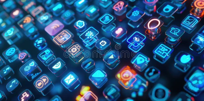 Abstract Glowing App Icons in Blue and Orange Stock Image - Image of ...