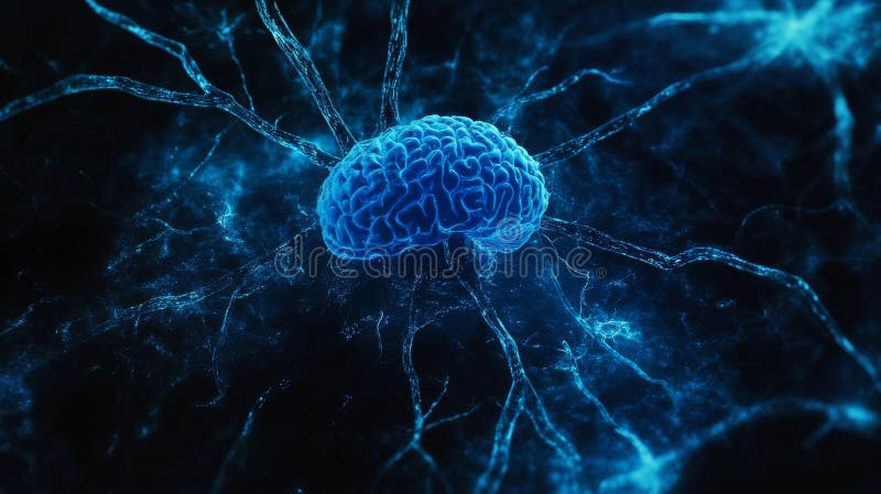 Abstract Glowing Blue Brain Connected by Neuron-like Structures Stock ...