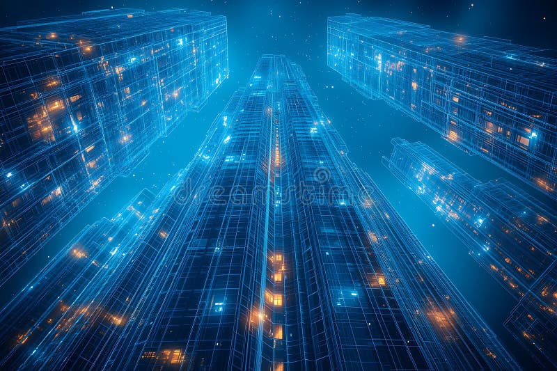 Abstract Glowing Blue Buildings. Futuristic Architecture. Modern ...