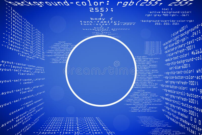 Abstract Glowing Blue Coding Programming Background with Blank Round Mock Up Frame. Big Data and ...
