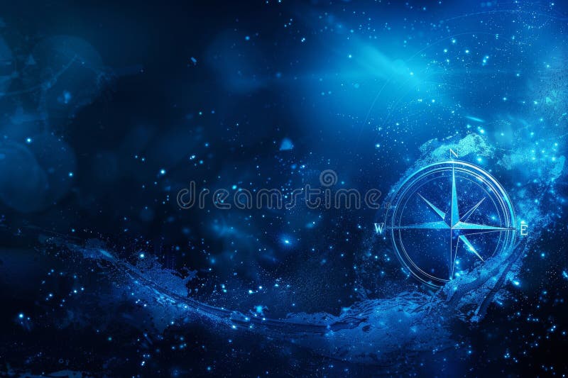 Abstract Glowing Blue Compass Over a Sparkling World Map, Navigation ...