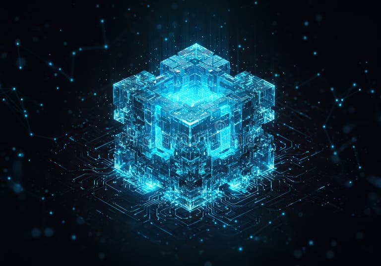 Abstract Glowing Blue Cube on Circuit Board Stock Illustration ...