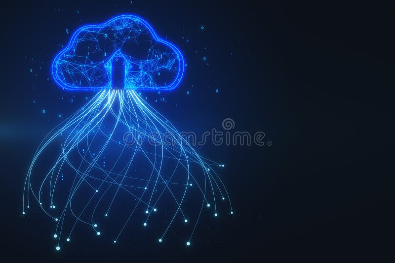 Abstract Glowing Blue Digital Cloud with Binary Code on Dark Background with Mock Up Place ...