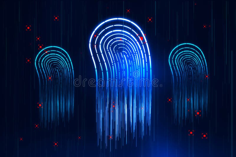 Abstract Glowing Blue Fingerprint Hologram on Background. Forensics and ...