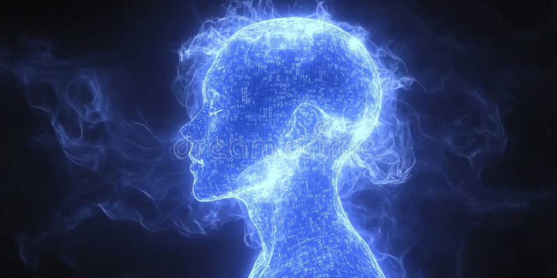 Abstract Glowing Blue Head Profile with Circuit Paths and Binary Numbers on Dark Background ...