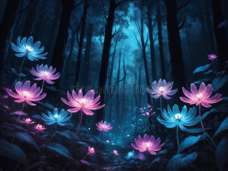Abstract Glowing Blue Pink Illuminated Flowers in a Dark Forest Stock ...