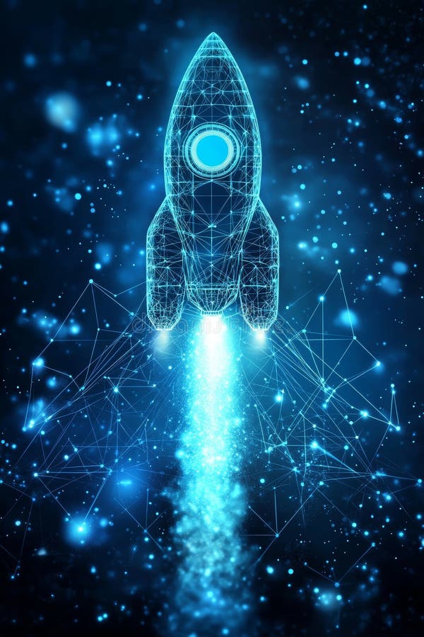 Abstract Glowing Blue Rocket Launch with Network Connection Lines and ...