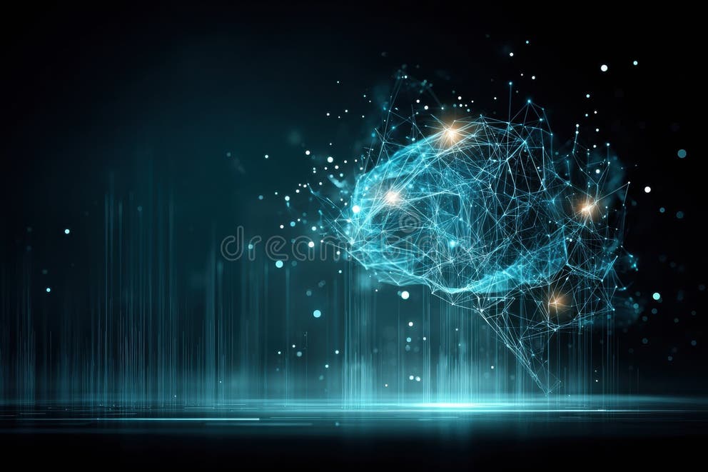 Abstract Glowing Brain Evolves from Raw Data Particles Showcasing the Fusion of Technology and ...