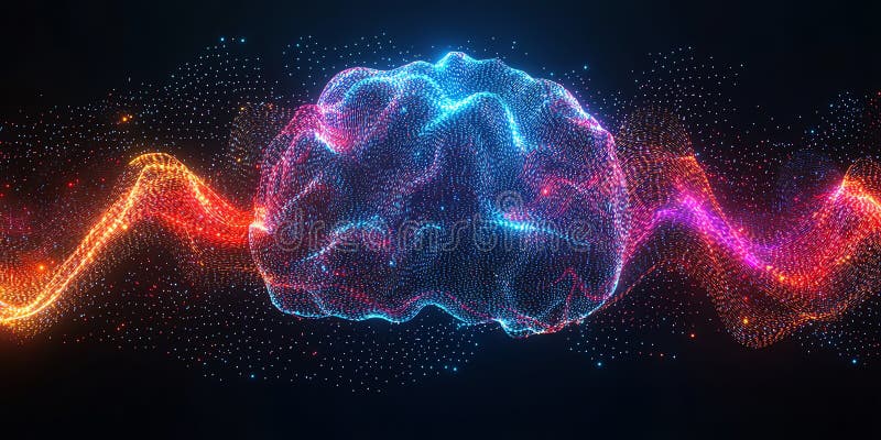 Abstract Glowing Brain with Particles and Waves Stock Illustration ...