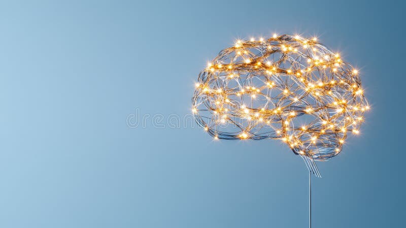 Abstract Glowing Brain Shaped Light Sculpture Against Blue Background ...
