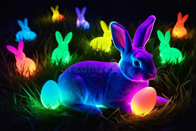 Abstract Glowing Bunny and Colored Eggs on Grass in Neon Style Stock Illustration - Illustration ...