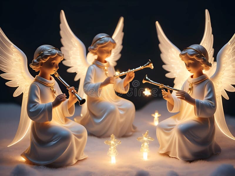 Abstract Glowing Christmas Angels Playing the Pipe. Dark Background ...