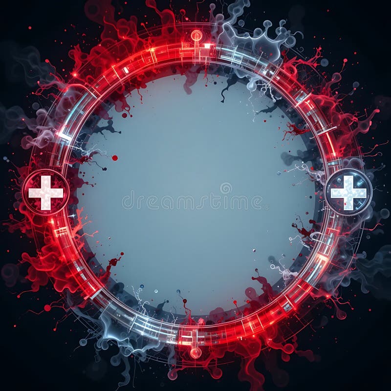 Abstract Glowing Circle Frame with Plus Symbols and Splatter Effects ...