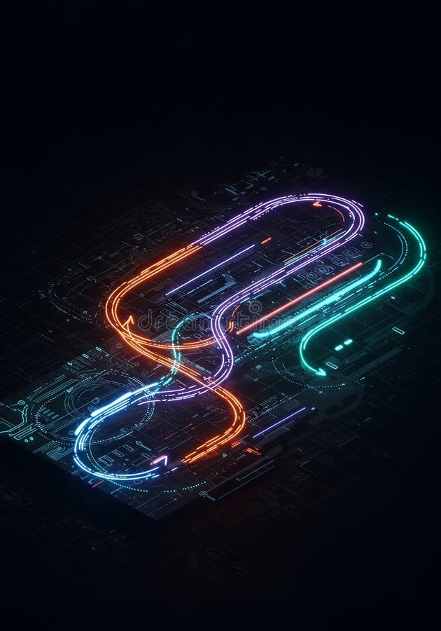 Abstract Glowing Circuit Board with Neon Lines Stock Illustration ...