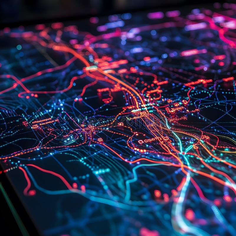 Abstract Glowing City Network Map Red Blue Pink Lines Digital Screen ...