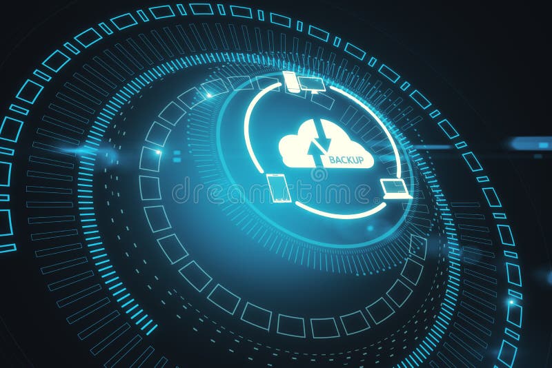 Abstract Glowing Cloud Hologram on Blurry Dark Backdrop. Cloud Computing, Big Data Backup ...