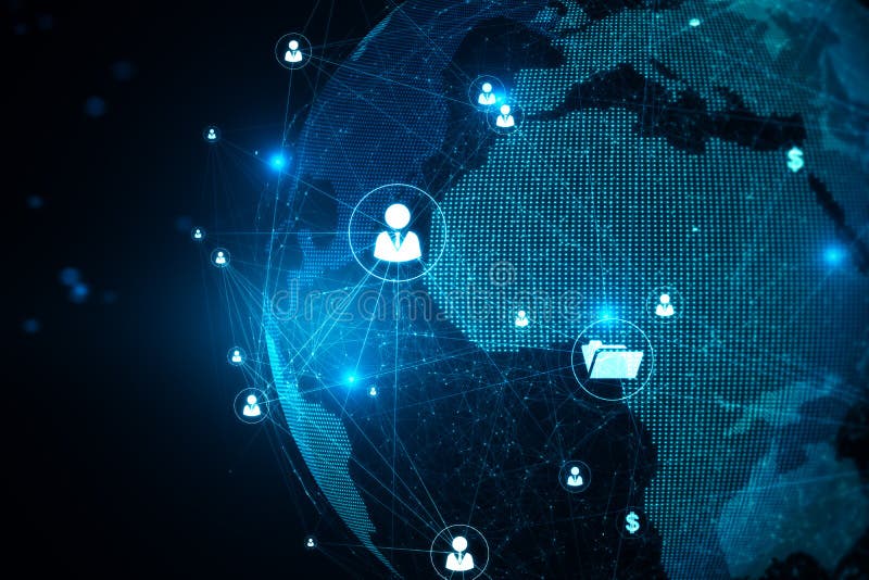 Abstract Glowing Communication and Network Globe Hologram on Blurry ...