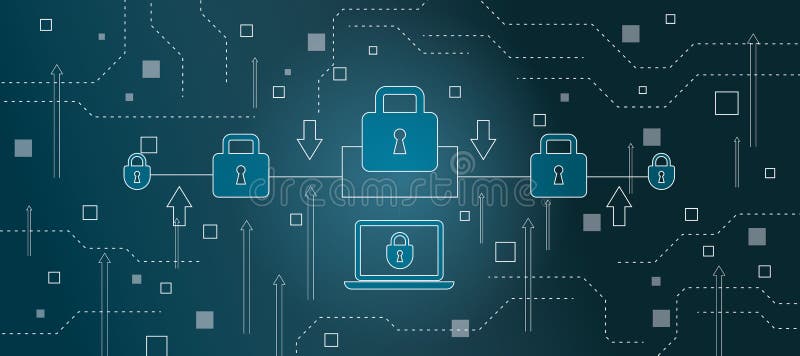 Abstract Glowing Computer Network and Lock Icons on Blue Backdrop ...