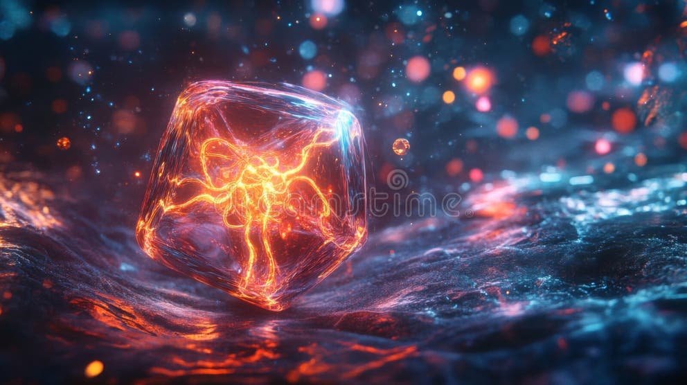 Abstract Glowing Cube with Energy Particles and Digital Wave Background ...
