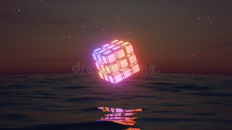 Abstract Glowing Cube Over Ocean Waves in Seamless Loop Stock Footage ...
