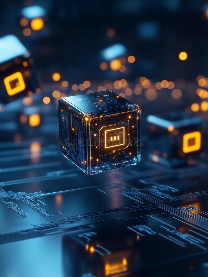 Abstract Glowing Cubes with Circuit Motifs Float Above a Futuristic ...
