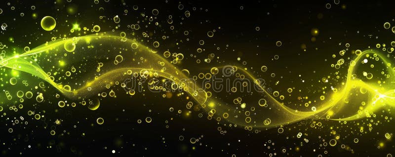 Abstract Glowing Curved Line with Bubbles and Particles in Green and ...