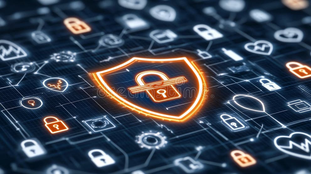 Abstract Glowing Cybersecurity Shield with Interconnected Network Icons ...