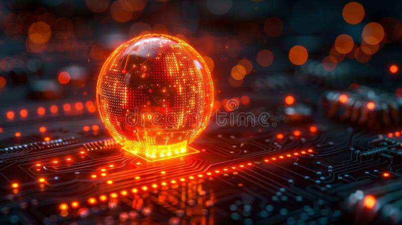 Abstract Glowing 3D Spherical Ball Hovering Over Luminous Printed ...