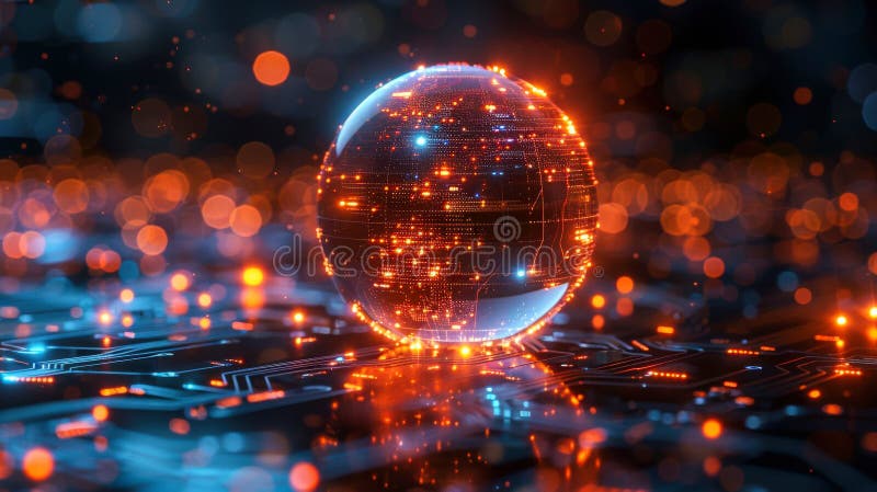 Abstract Glowing 3D Spherical Ball Hovering Over Luminous Printed ...