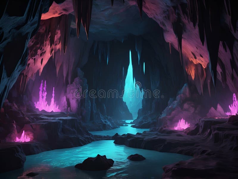 Abstract Glowing Dark Fantasy Cave 3d Illustration Stock Illustration ...