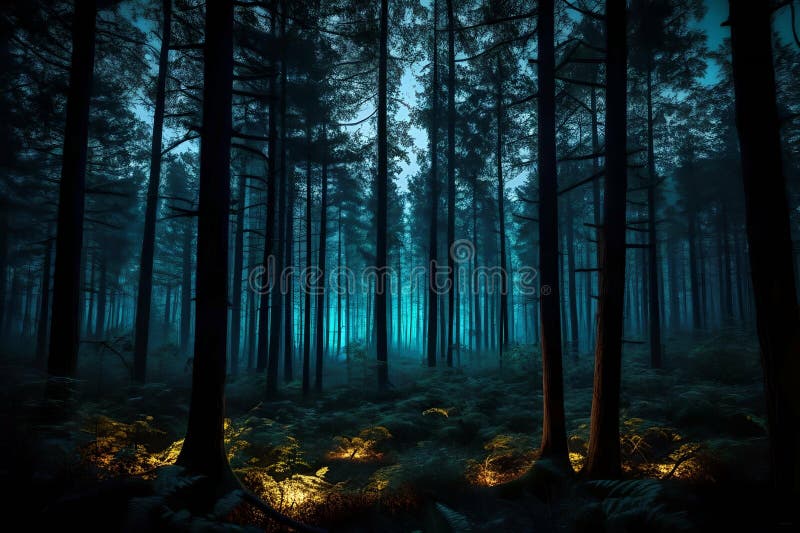 Abstract Glowing Dark Forest. Night in the Forest Stock Illustration ...
