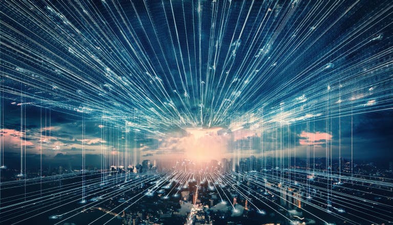 Abstract Glowing Data Cloud Network in the Sky Symbolizing Unified Digital Collaboration Stock ...