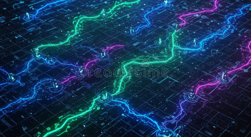 Abstract Glowing Data Network Map with Colorful Lines Stock ...