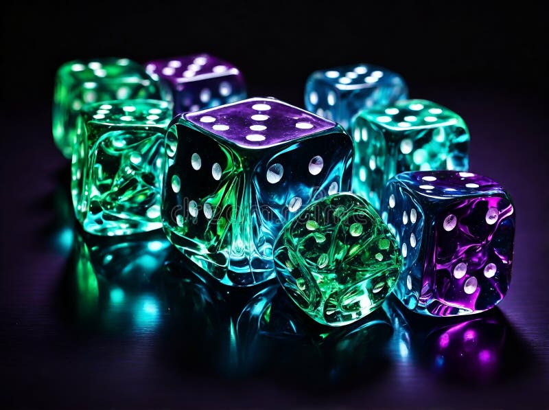 Abstract Glowing Dices Reflection on Black Background Green Blue Purple ...