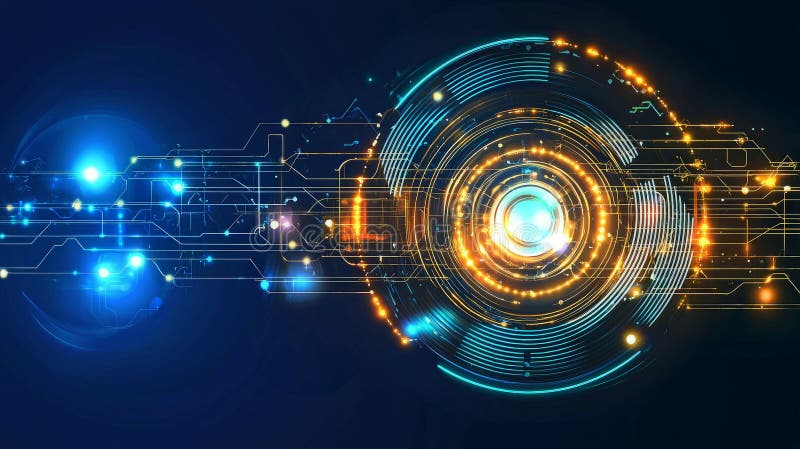 Abstract Glowing Digital Circuit Board with a Central Glowing Circle ...