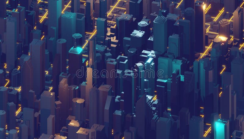 Abstract Glowing Digital City. Business Skyscrapers Stock Illustration ...