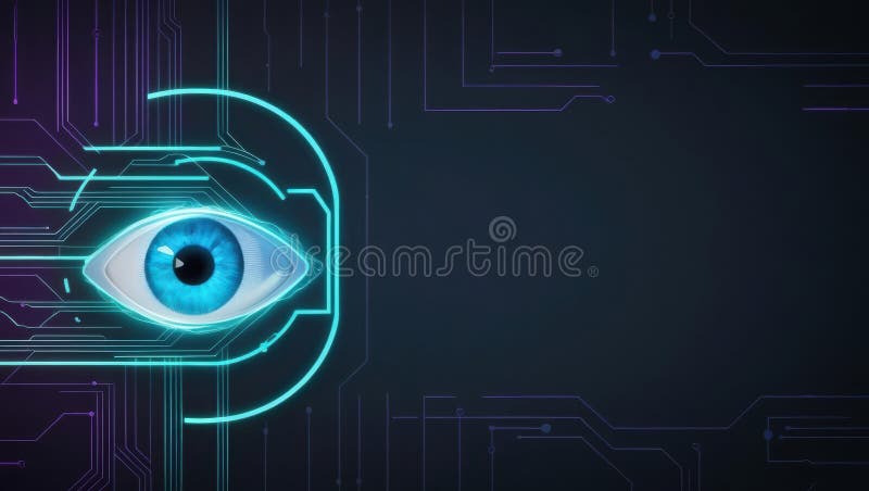 Abstract Glowing Digital Eye Surrounded by Circuitry in a Dark ...