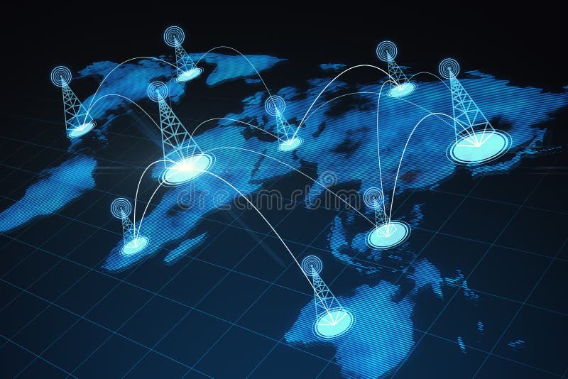 Abstract Glowing Digital Map with Location Pins on Blue Background ...