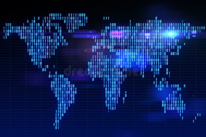 Abstract Glowing Digital Pixel Squares Map of the World with Spotlights ...