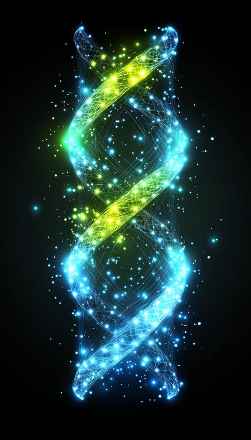 Abstract Glowing Double Helix Turquoise and Lime Green Particles in a ...