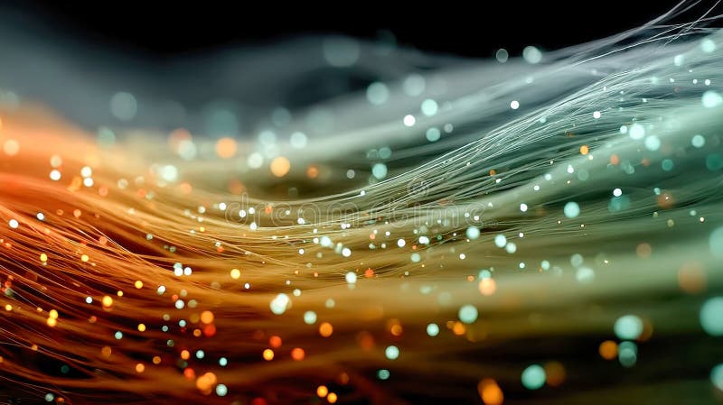 Abstract Glowing Fiber Network with Orange Particles Flowing through ...