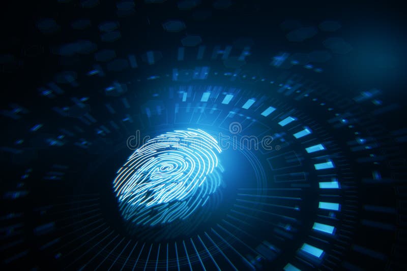 Abstract Glowing Fingerprint Hologram on Blue Background. Personal ...